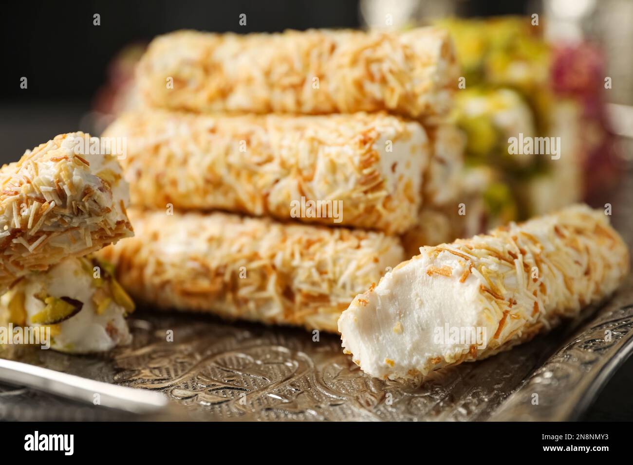 Turkish delight dessert on tray, closeup. Traditional sweet Stock Photo ...