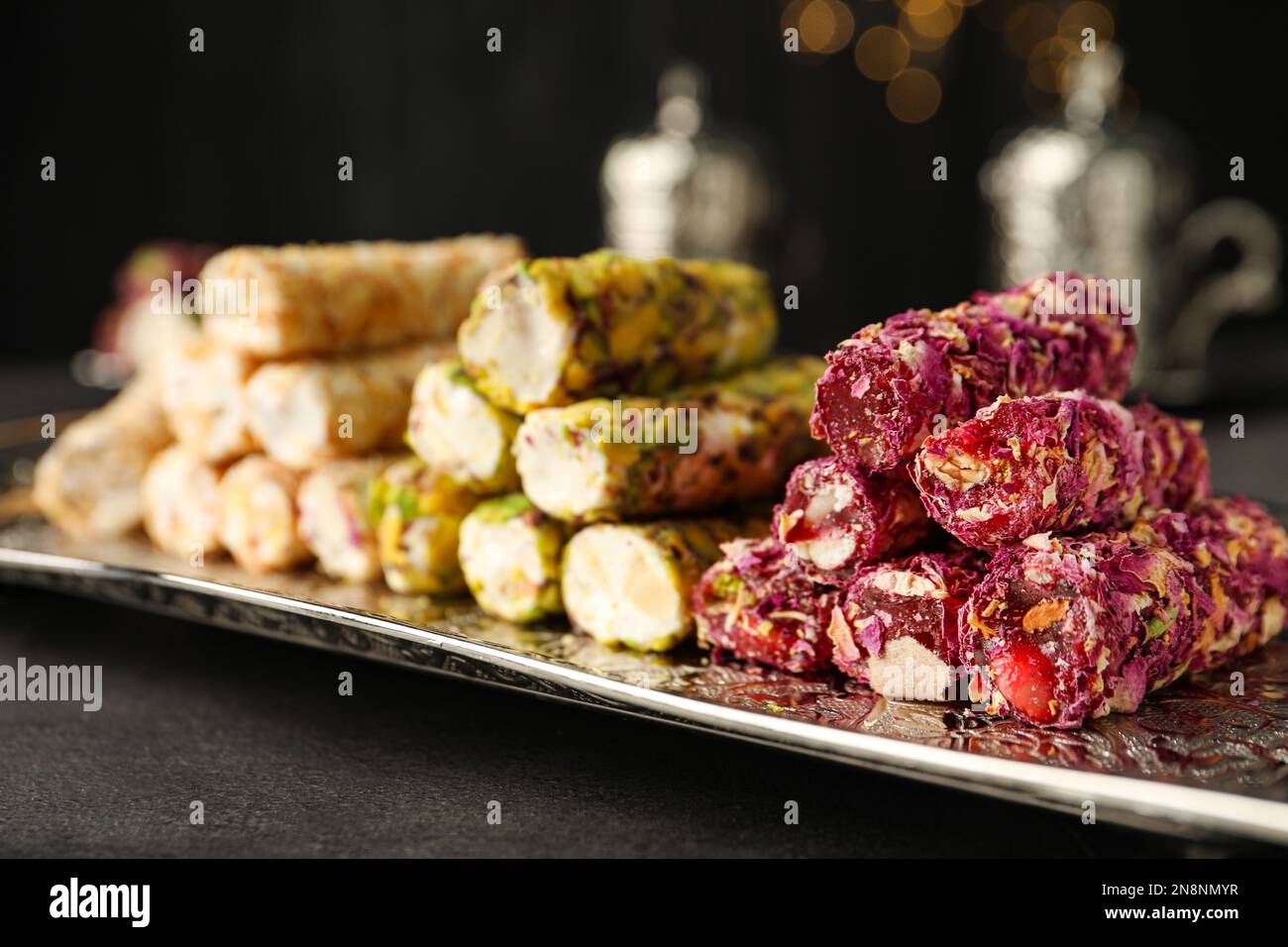 Turkish delight dessert on dark table. Traditional sweet Stock Photo ...
