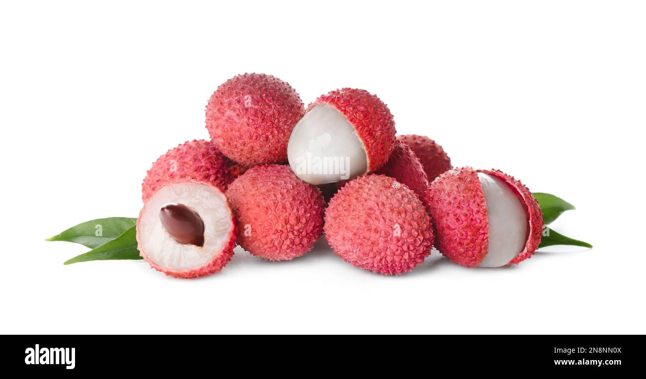 Pile of fresh ripe lychees with green leaves on white background Stock ...