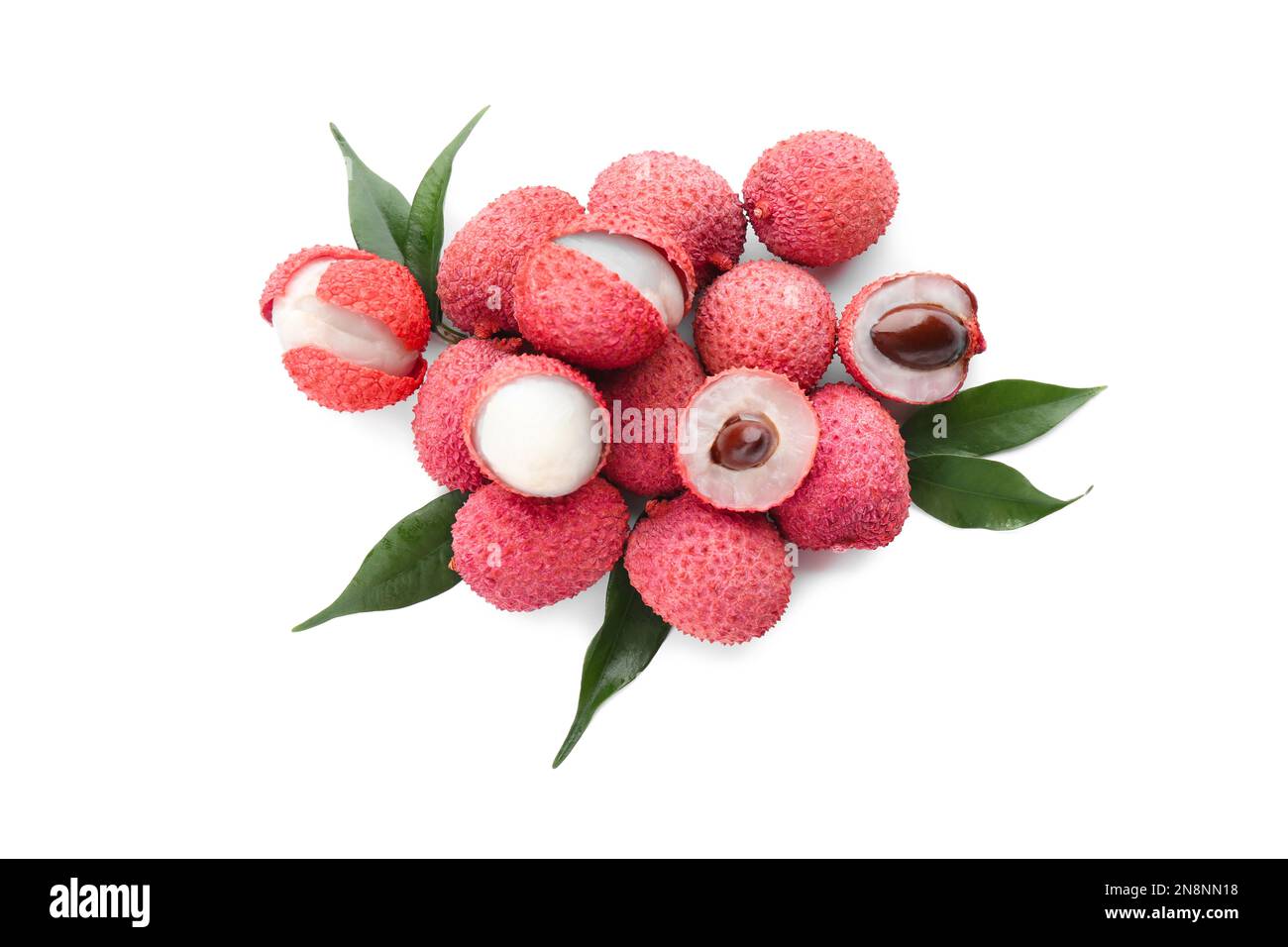 Pile of fresh ripe lychees with green leaves on white background, top ...