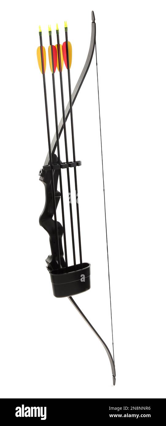 Black bow and plastic arrows on white background. Archery sports ...