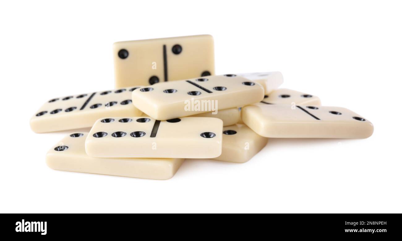 Pile of classic domino tiles on white background Stock Photo - Alamy