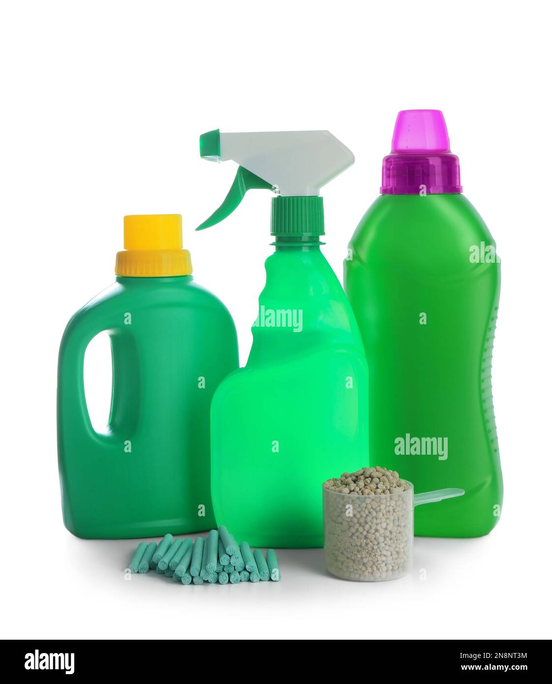 Different types of houseplant fertilizers on white background Stock ...