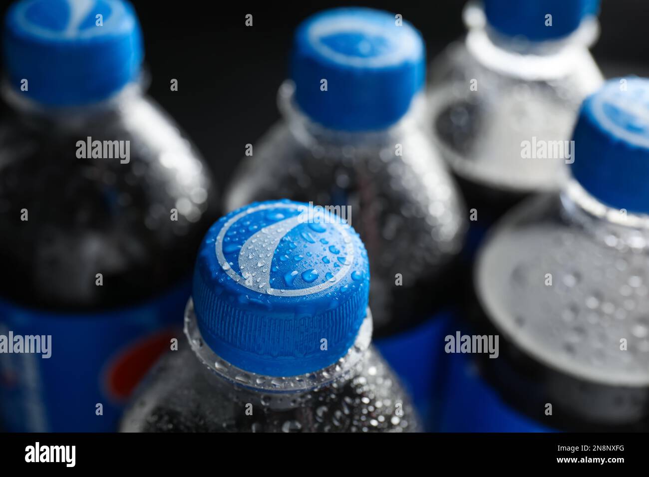 MYKOLAIV, UKRAINE - FEBRUARY 08, 2021: Plastic bottles of Pepsi with ...