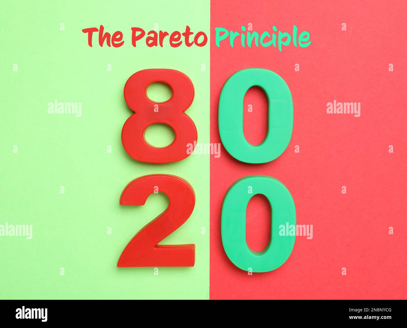 Numbers 80 and 20 on color background, flat lay. Pareto principle ...