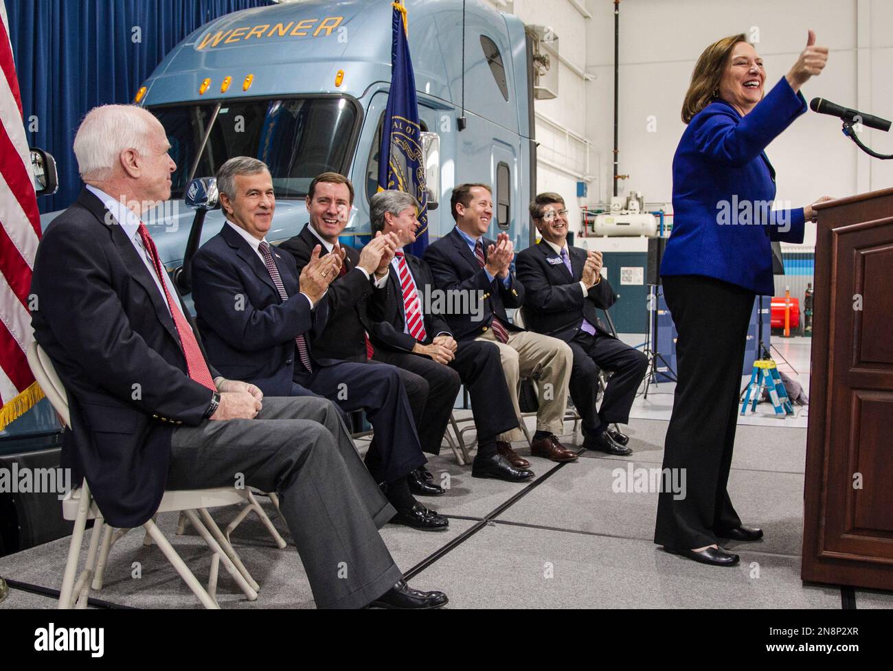 Republican Senate candidate Deb Fischer gives the thumbs up sign as ...