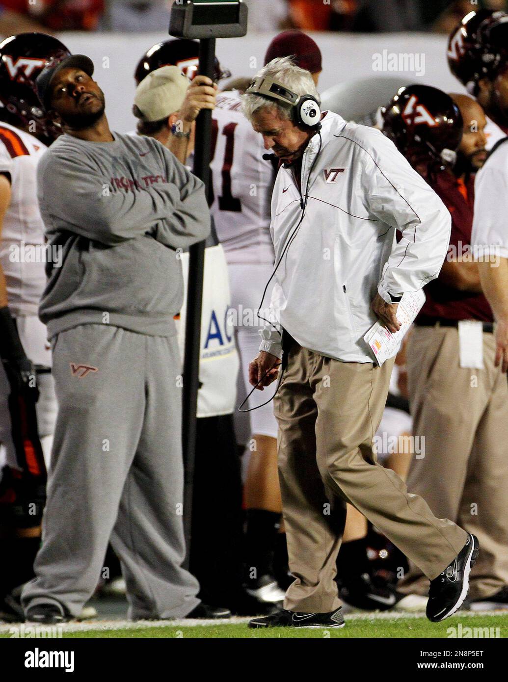 Virginia Tech coach Frank Beamer reacts after a Miami touchdown during ...