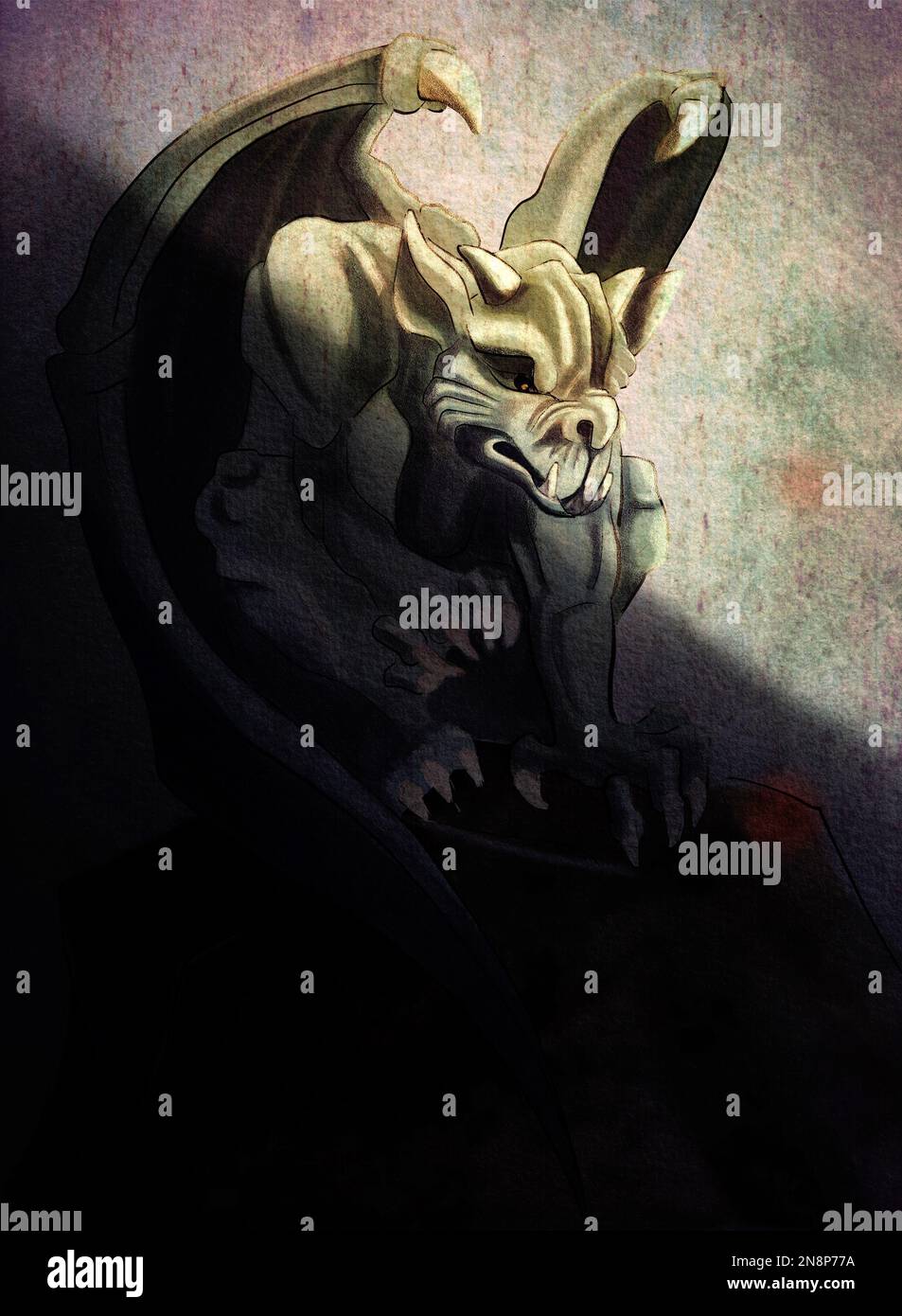 Digital illustration of gargoyle creature, with dramatic light and ...