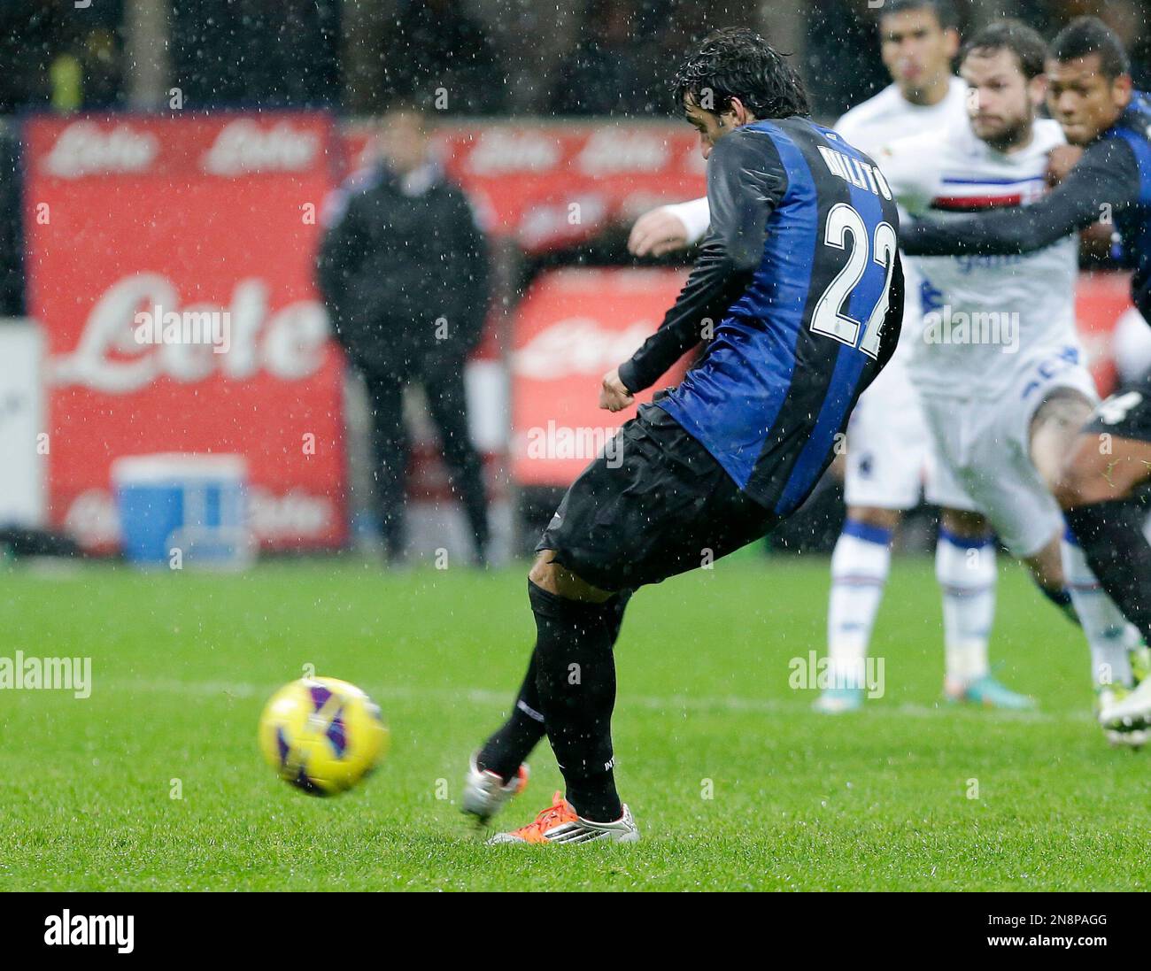 Inter Milan Argentine forward Diego Milito scores on a penalty kick ...
