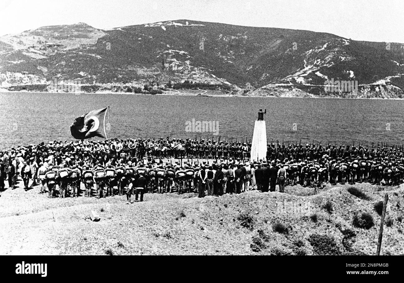 A Turkish infantry regiment raising its colours on the asiatic shore of ...