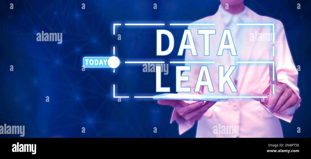 Hand writing sign Data Leak. Word Written on released illegal ...