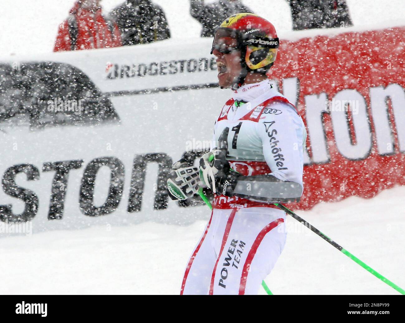 Austria's Marcel Hirscher celebrates after placing third in an alpine ...