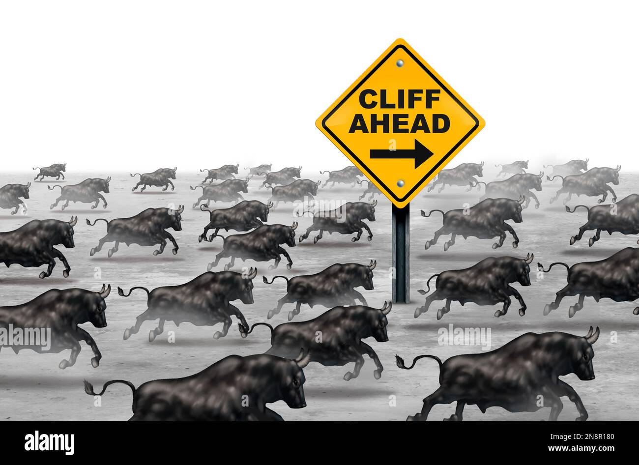 Following The Herd Danger as groupthink with a group of bulls heading ...