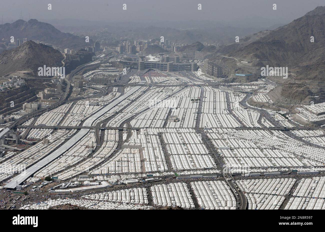 This aerial image made from a helicopter shows thousands of tents ...