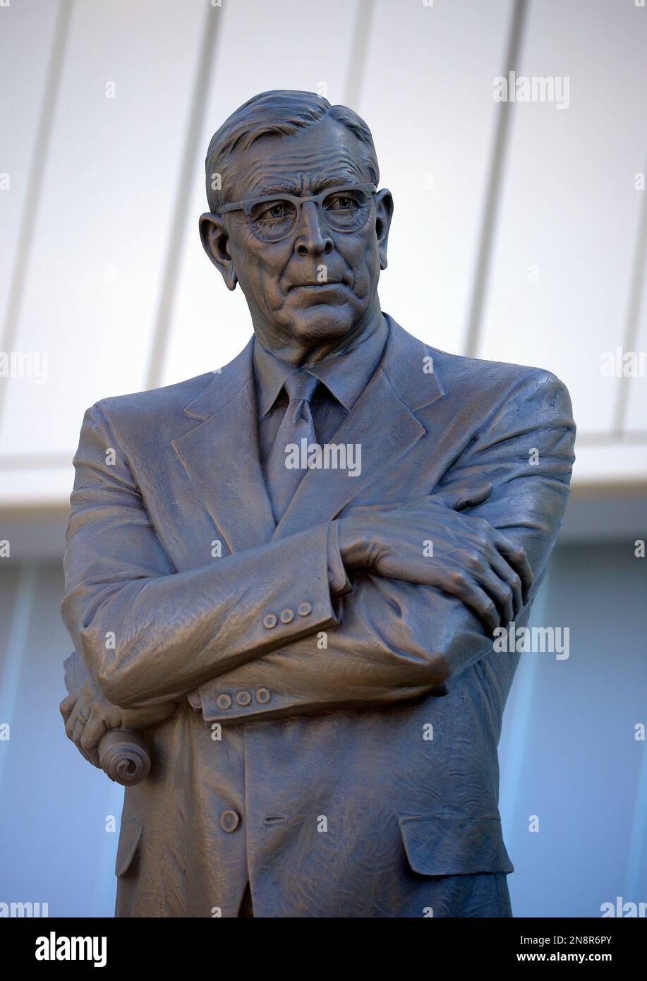 A statue of legendary UCLA men's basketball coach John Wooden is seen ...