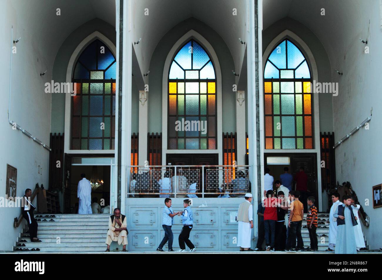 Men and children gathered for prayer on the first day of muslim ...