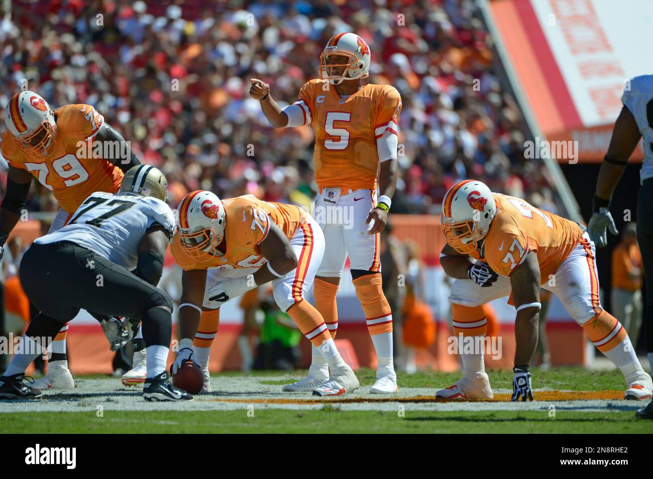 Tampa Bay Buccaneers quarterback Josh Freeman (5) checks the defense as ...