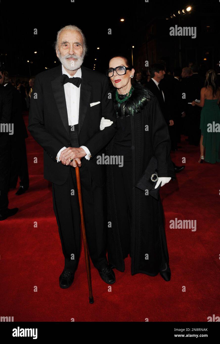 Christopher Lee, left, and Birgit Kroencke arrive at the world premiere ...