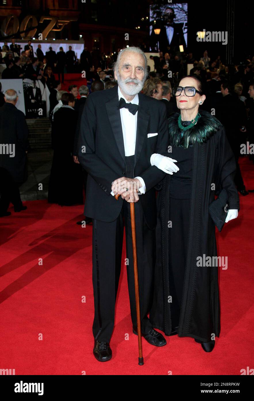Christopher Lee, left, and Birgit Kroencke arrive at the world premiere ...