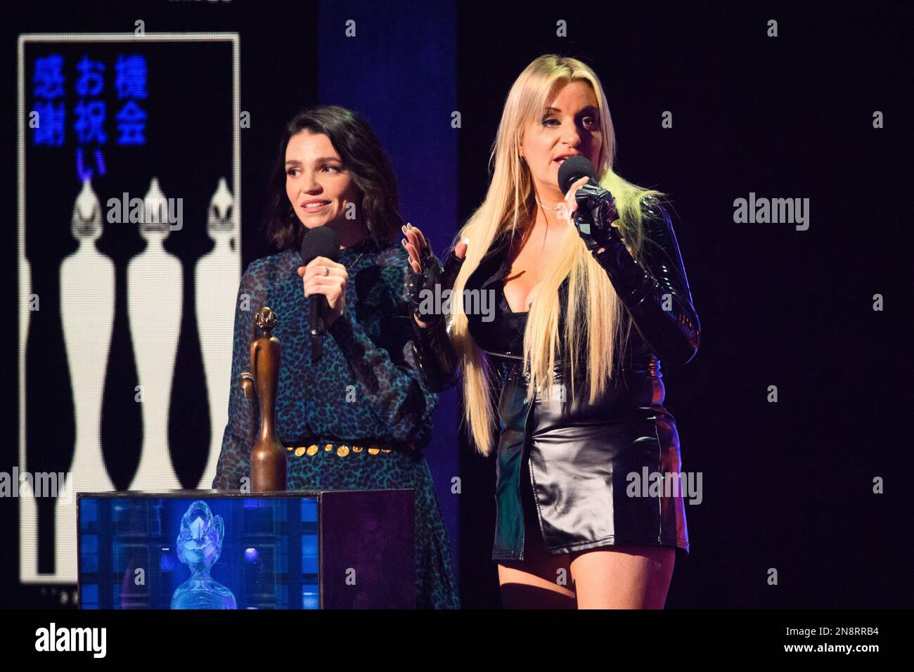 London, UK. 11 February 2023. Award presenters Selin Hizli (left) and ...