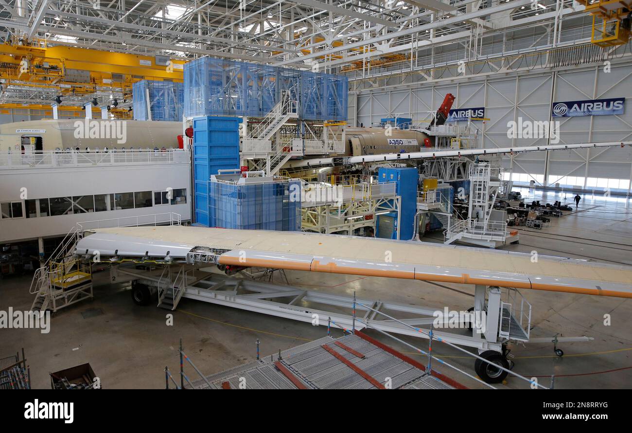 The wing of the first Airbus A350 XWB plane is seen on the final ...