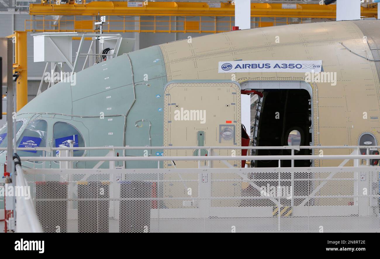 The front aircraft door of the first Airbus A350 XWB plane is seen on ...