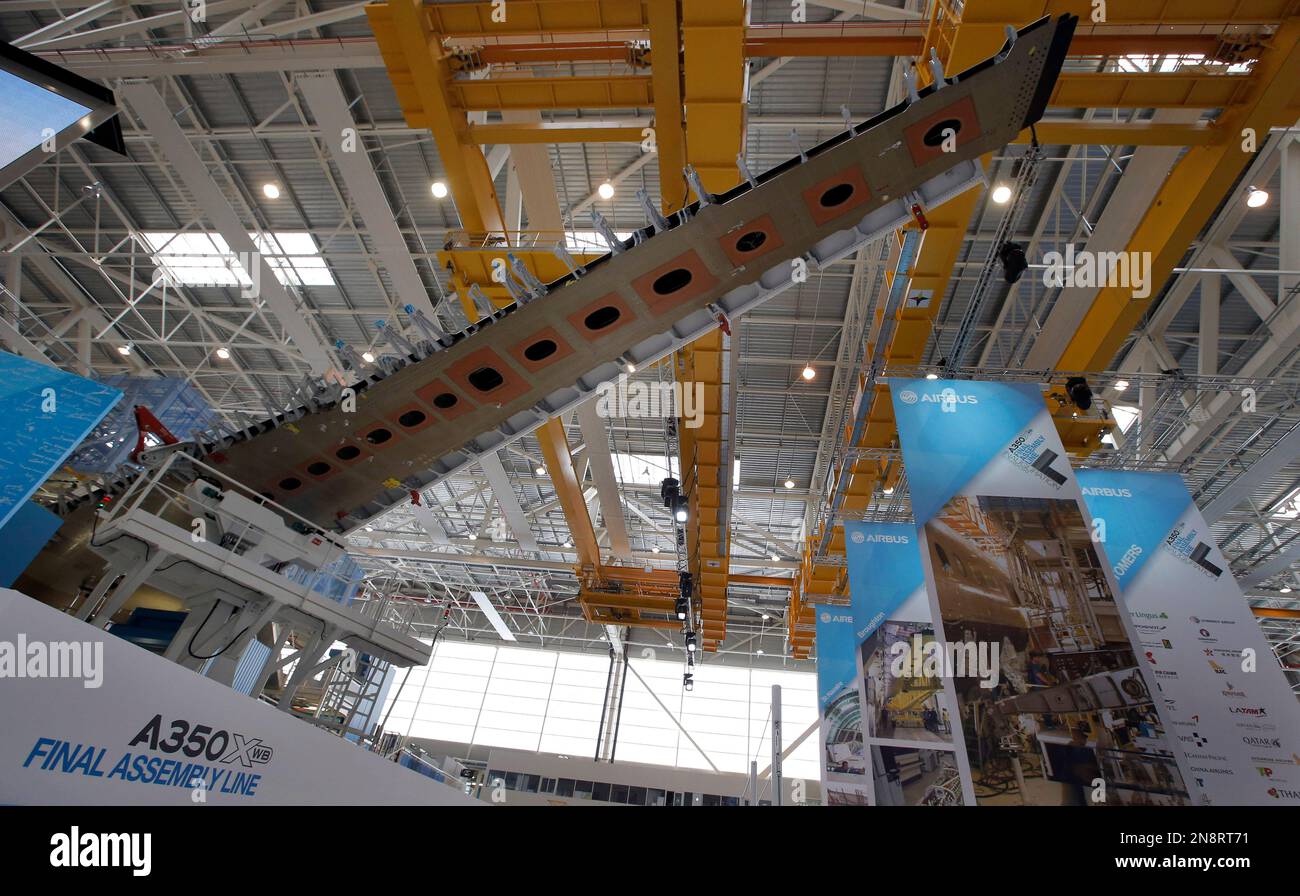 The wing of the first Airbus A350 XWB plane is seen on the final ...