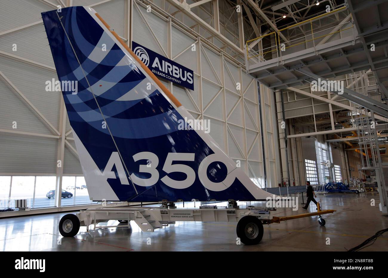 The vertical tail wing of the first Airbus A350 XWB plane is seen on ...
