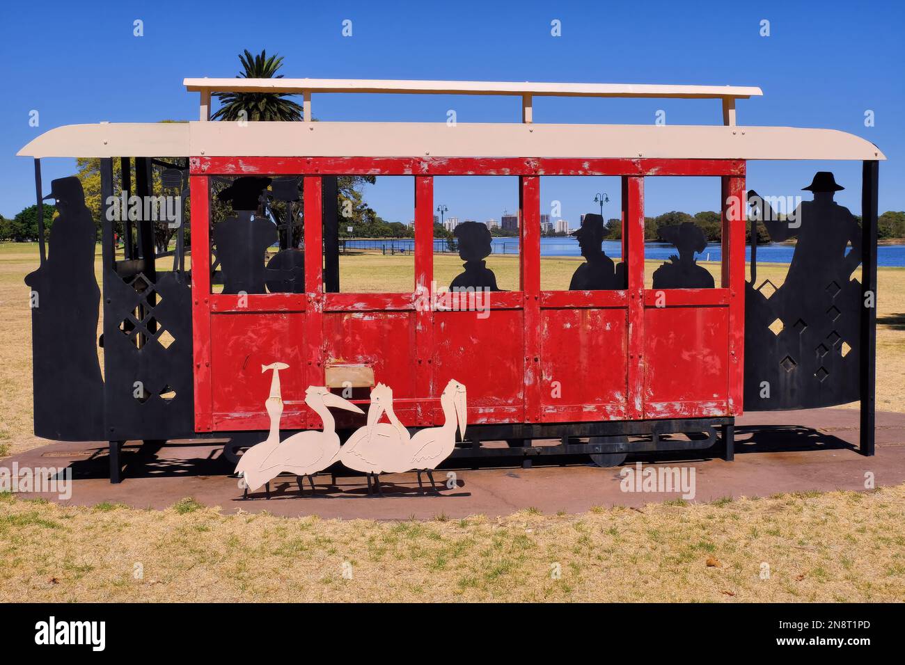 Perth: Artwork of old tram and pelicans in McCallum Park and view of ...