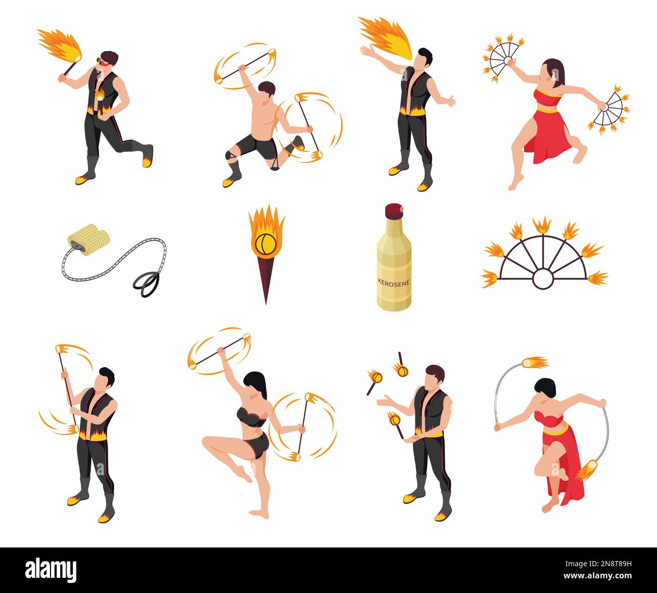 Fireshow people isometric set with fire dance symbols isolated vector ...