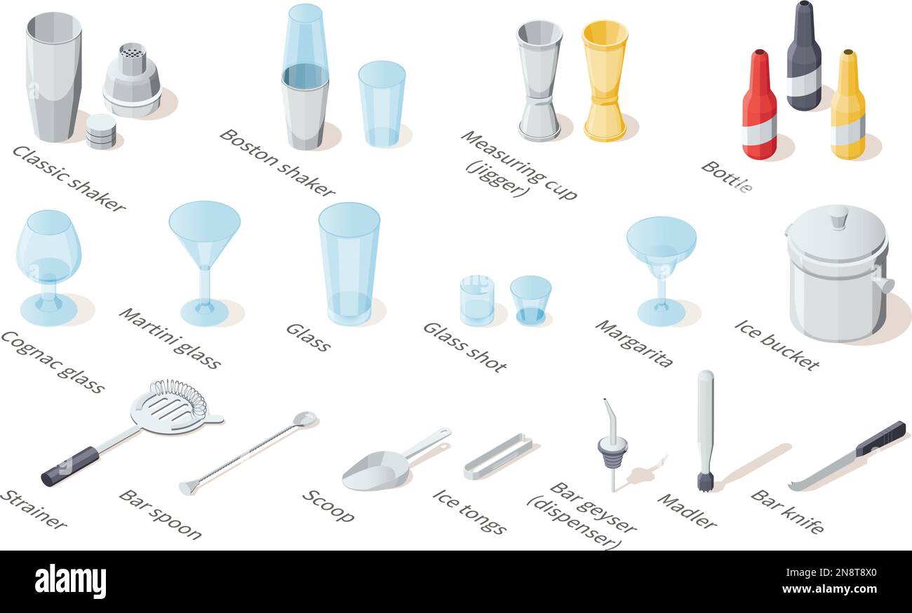 Bartender and barman isometric set with utensils symbols isolated ...