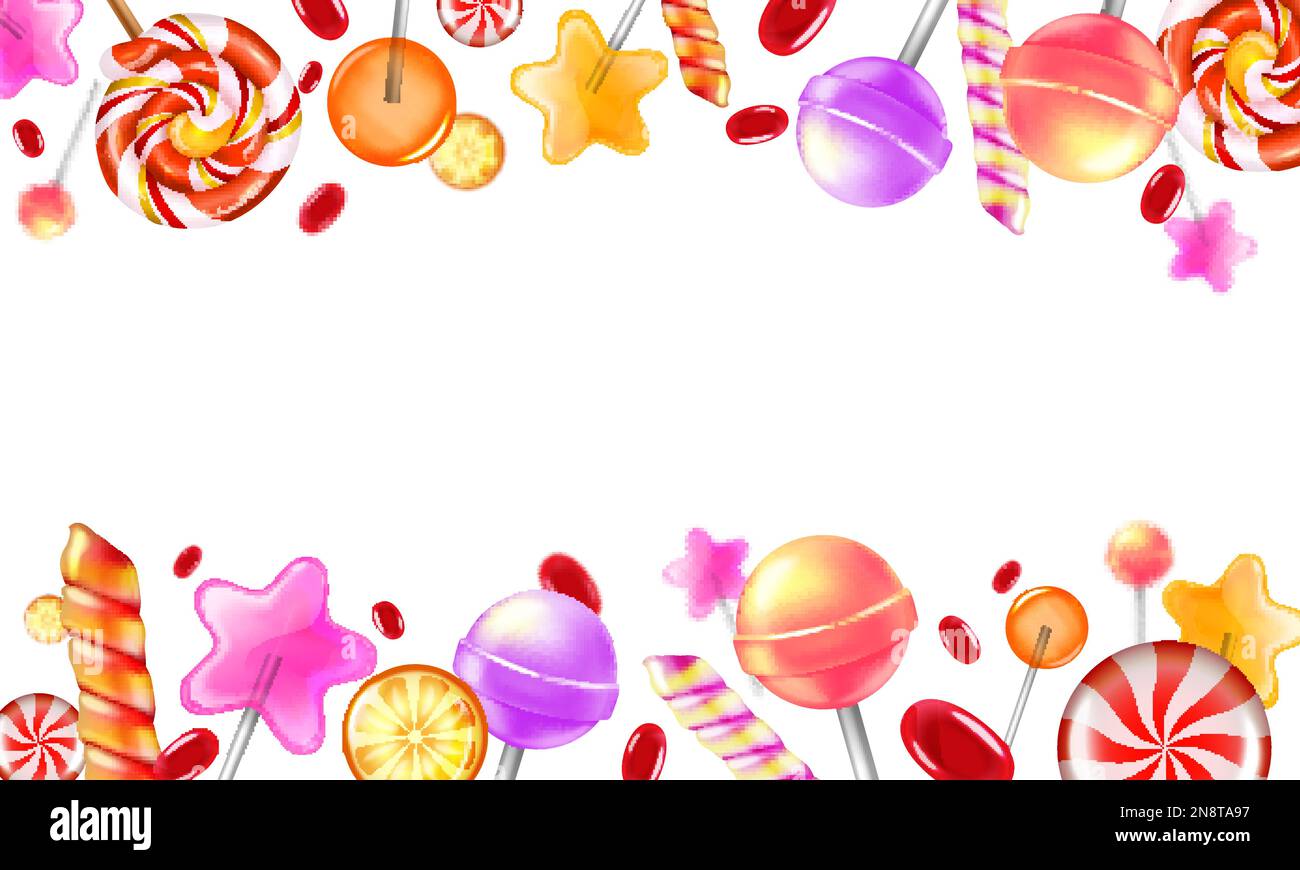 Realistic sweet candies frame with caramel cane and lollipops on ...