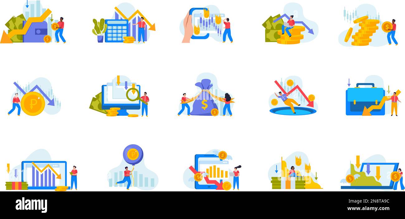 Flat economy crisis icons set with falling financial charts tiny people ...
