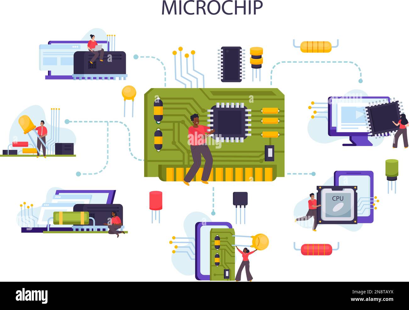 Microchip flat composition with computer components and human characters on white background ...