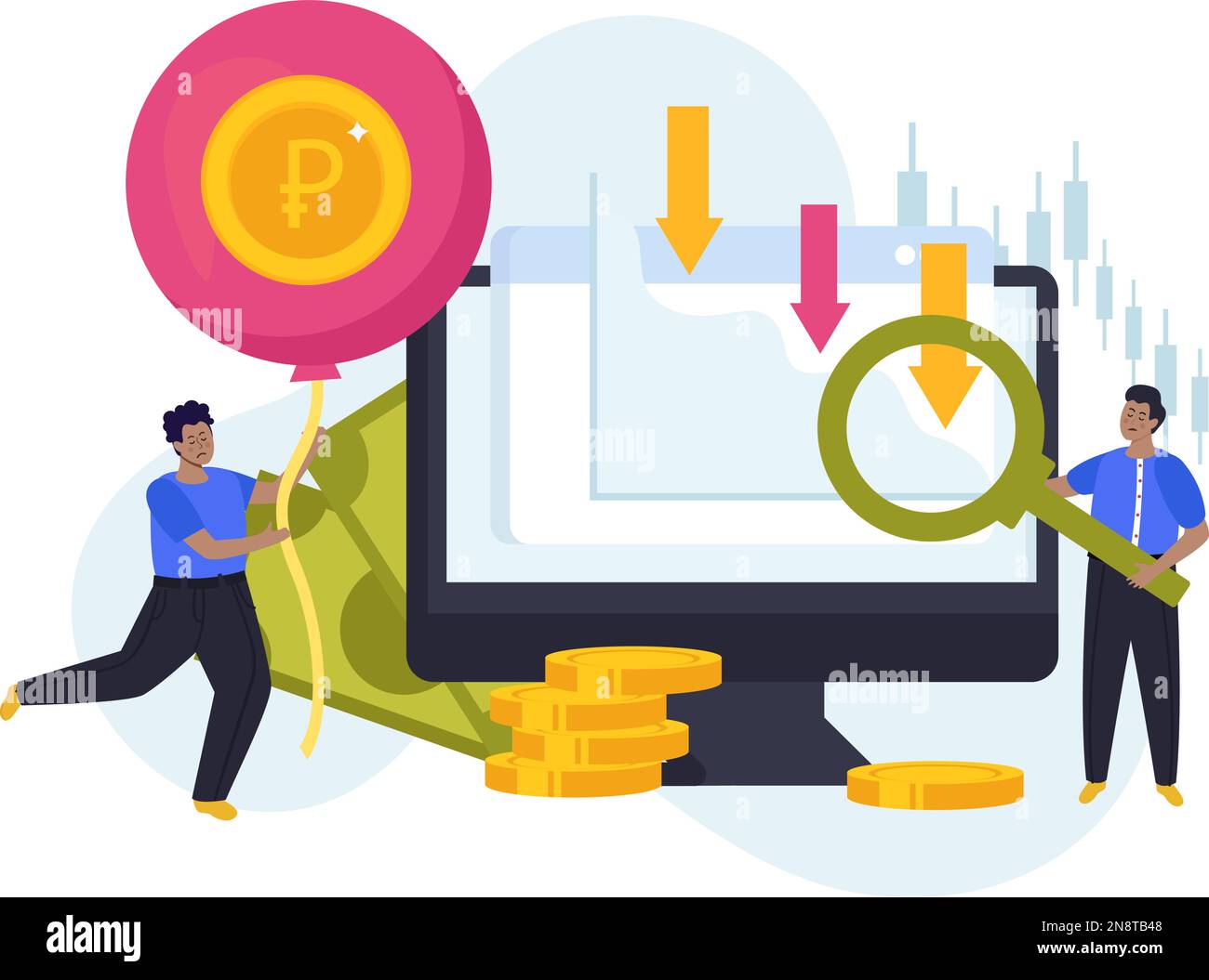 Economy crisis concept with arrows down coins and two sad men flat ...