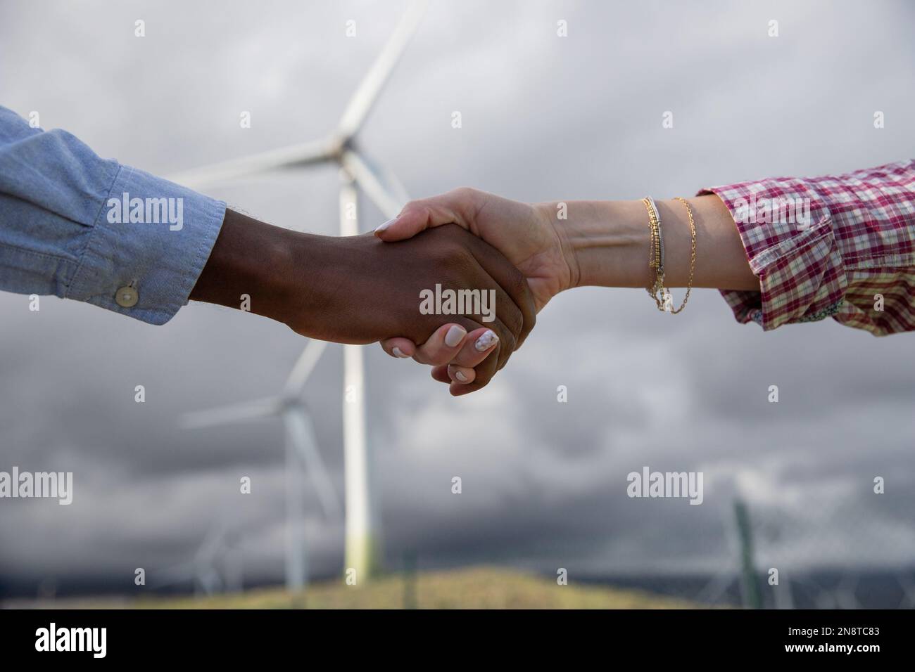 Handshake between two businesspeople of different ethnicities in front ...