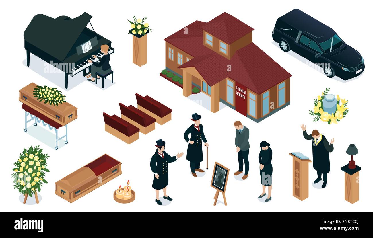 Isometric set with building hearse coffin guests and various elements ...