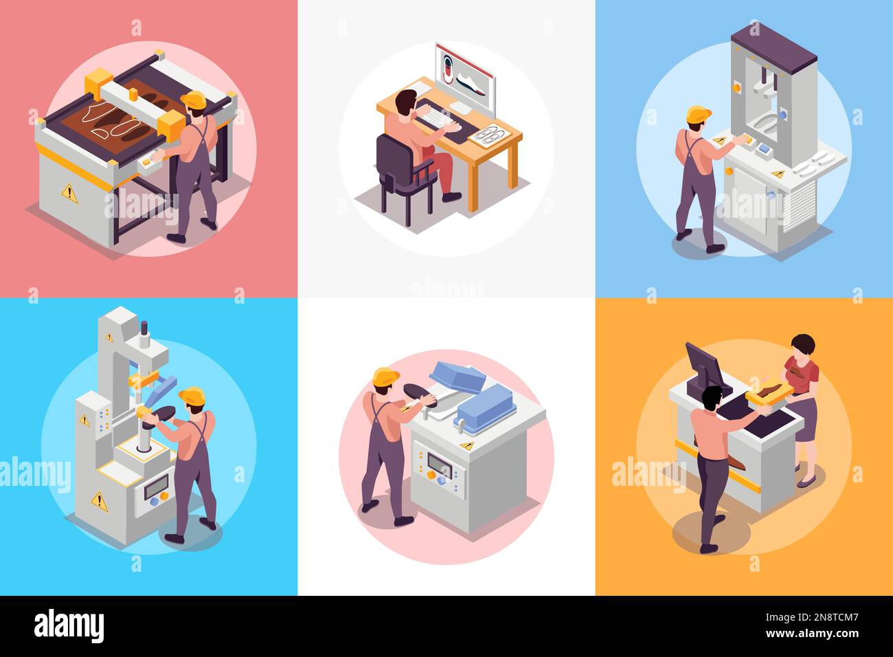 Shoes production square set with factory symbols isometric isolated ...