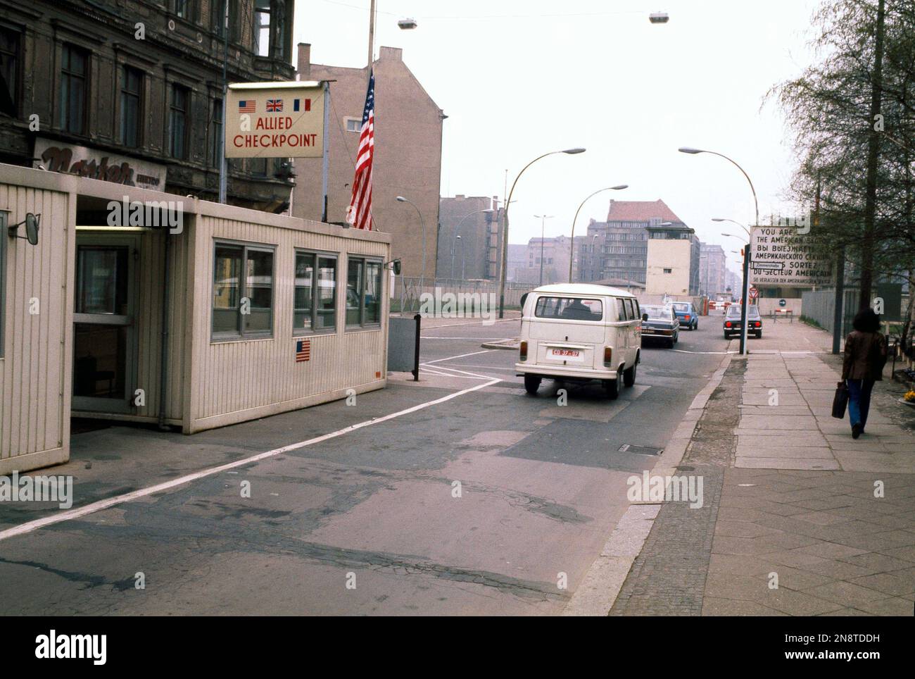 Allied checkpoint showing cars and people leaving the American sector ...