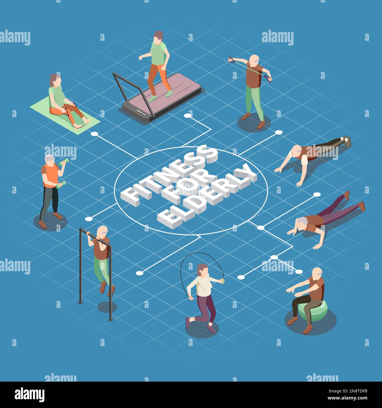 Old people fitness flowchart with elderly training symbols isometric ...