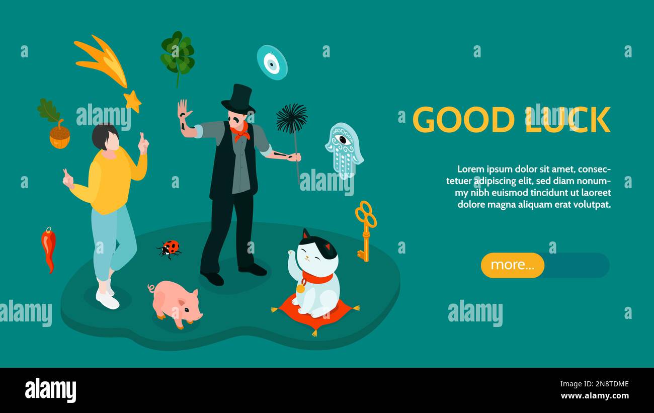 Isometric good luck symbols horizontal banner with isolated mascot ...