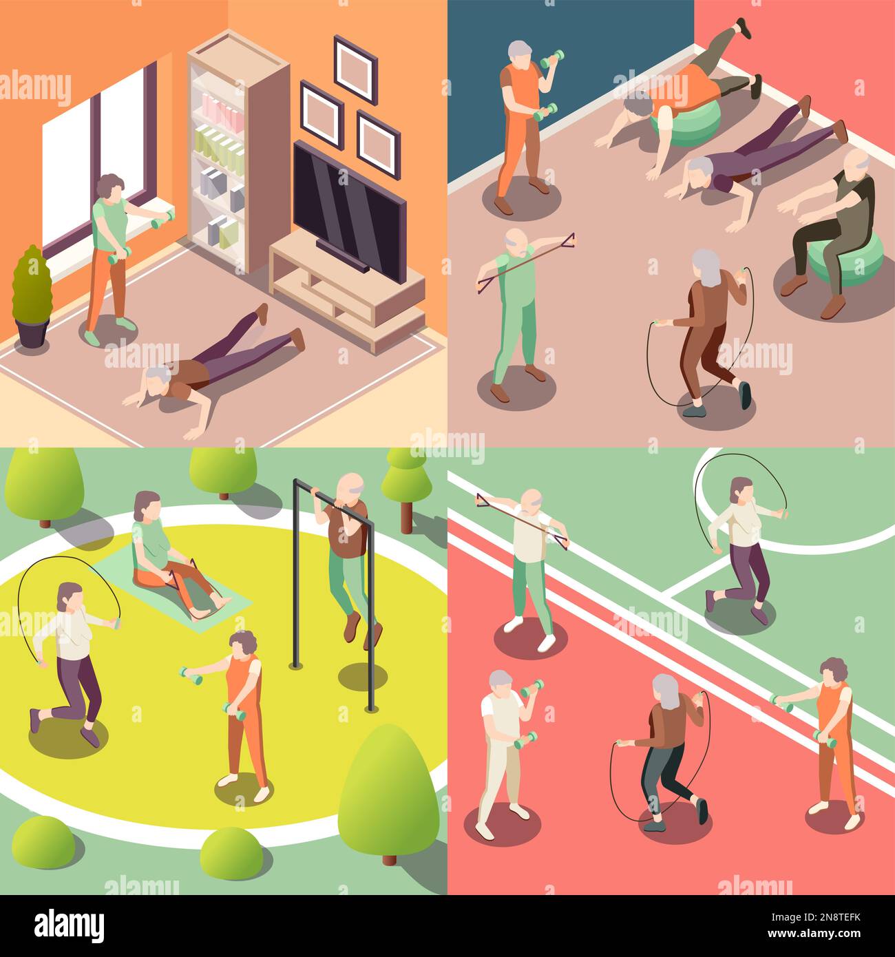 Old people fitness concept icons set with training symbols isometric ...