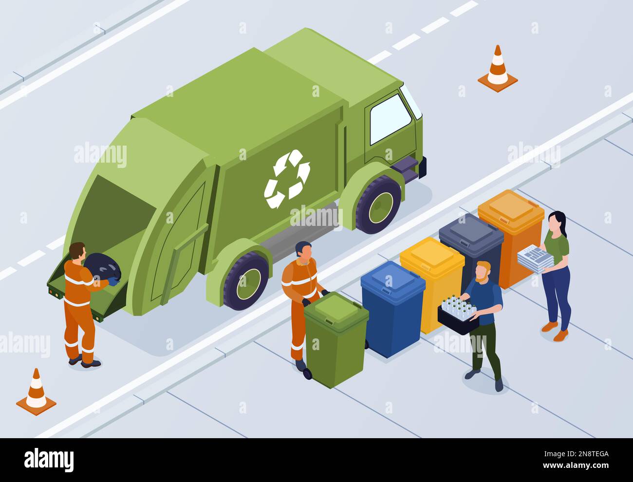Isometric recycling composition with outdoor view of street with ...