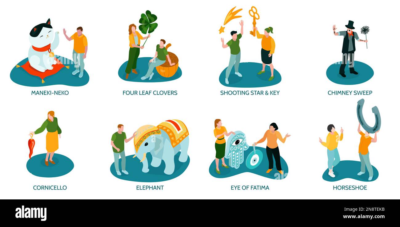 Isometric good luck symbols compositions set with text captions and ...