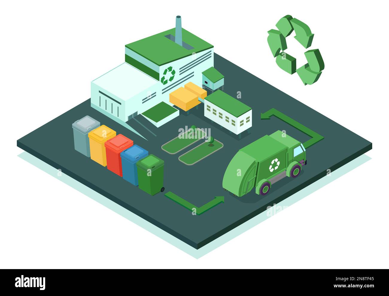 Isometric recycling composition with isolated view of factory area with plant building bins and ...