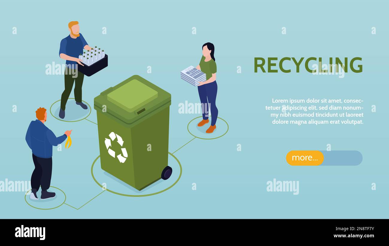 Isometric recycling horizontal banner with editable text more button ...