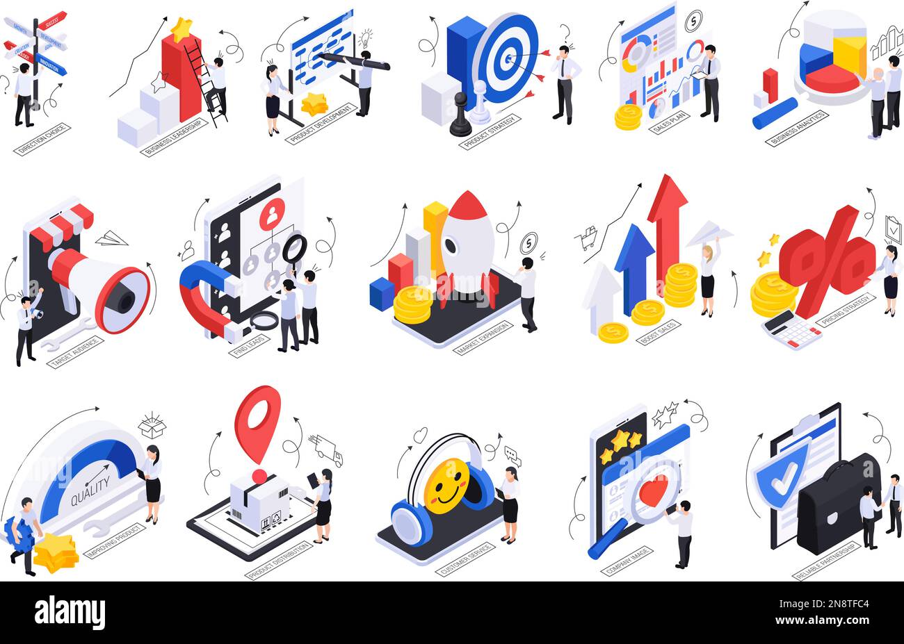 Business growth strategy isometric set of isolated compositions with ...