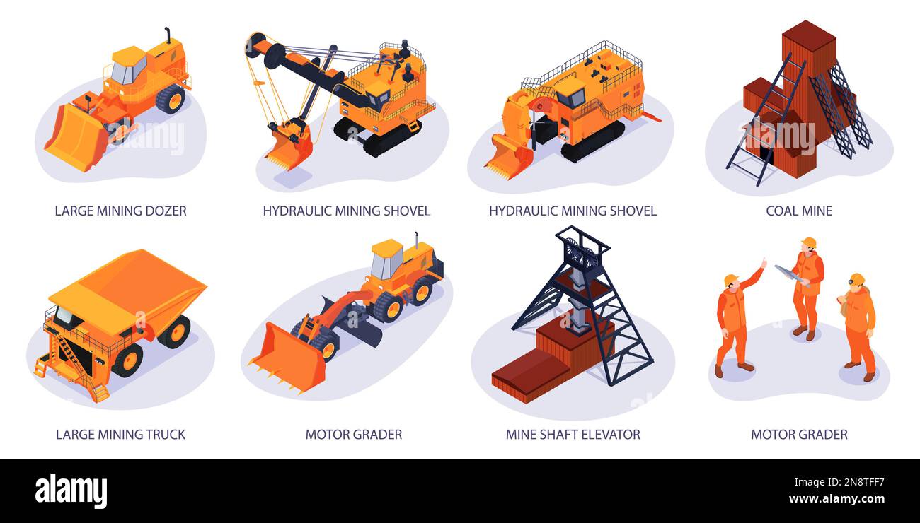 Isometric mining set of isolated compositions with orange machinery ...