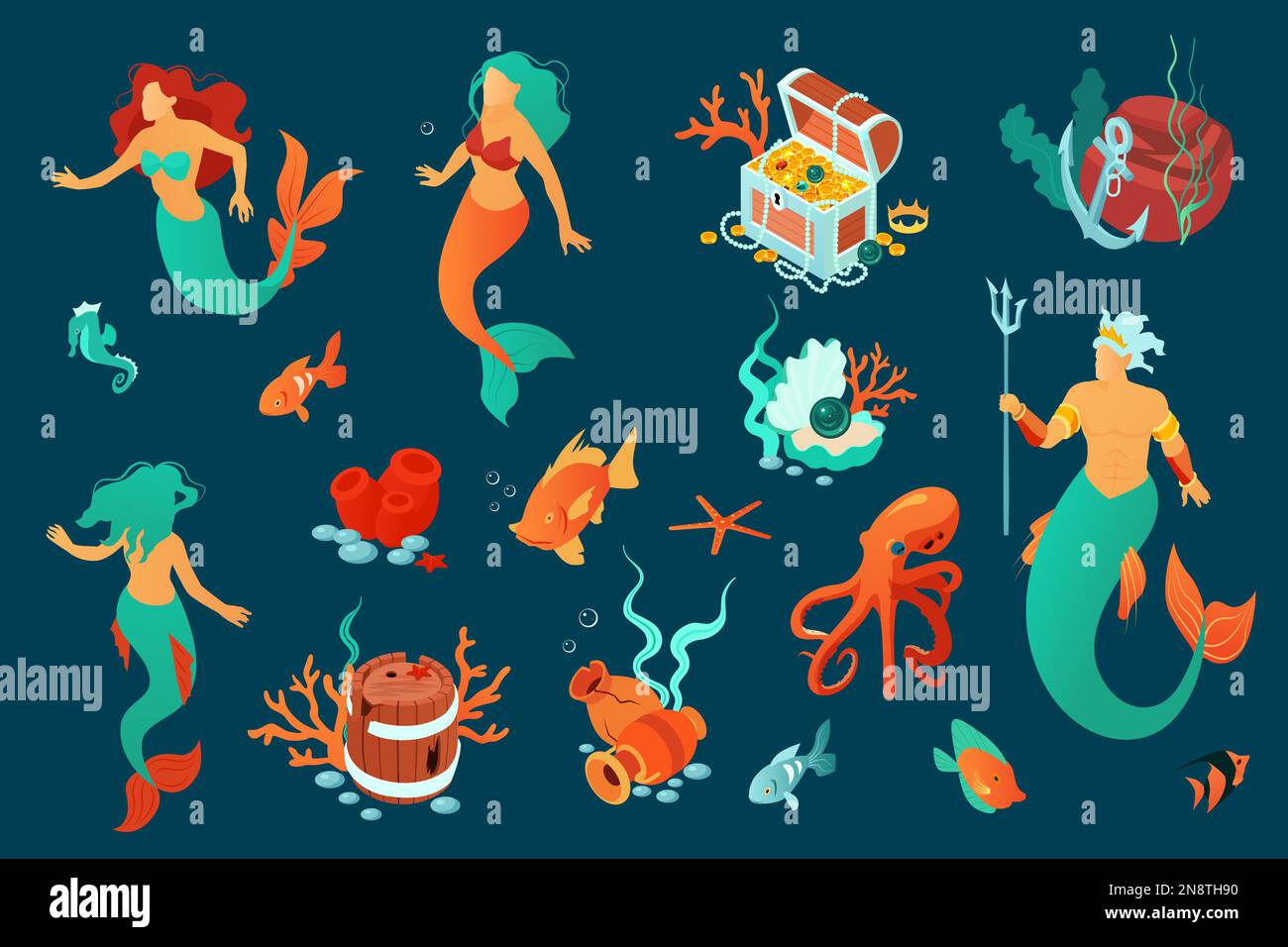 Set with isolated isometric underwater world mermaid icons with ...