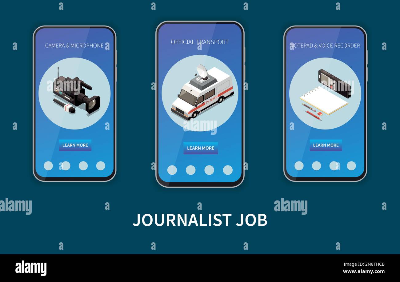 Journalist and reporters isometric concept set with news media mobile ...